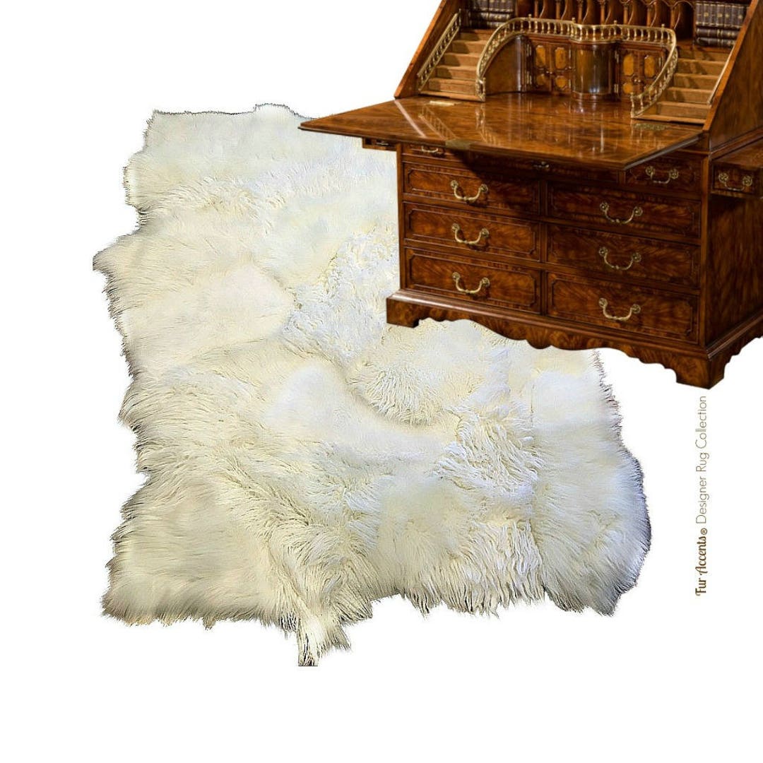 White Faux Fur Area Rug – Tattered Edge Patchwork Pelt, Handmade in USA ...