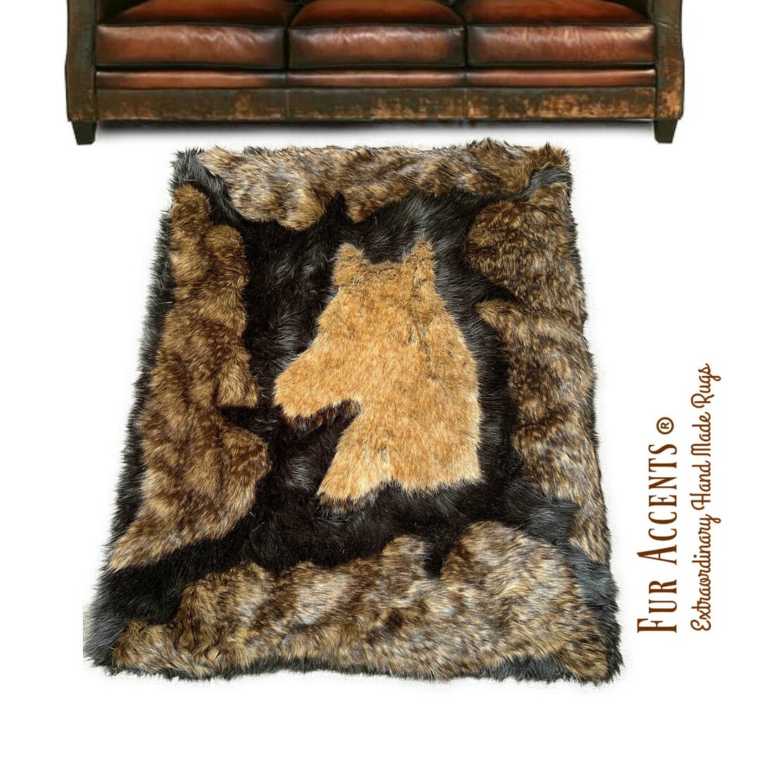 Plush Faux Fur Throw Area Rug - Black Bear Rug With Brown Wolf Trim W ...