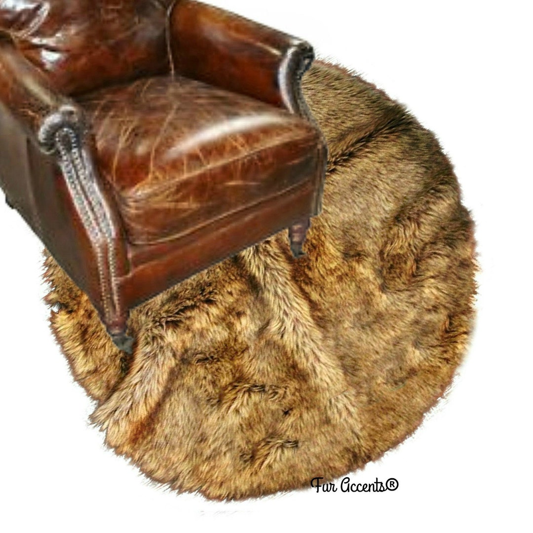 Faux Fur Round Rug - Golden Brown Wolf - Coyote - Non-slip Ultra Suede ...