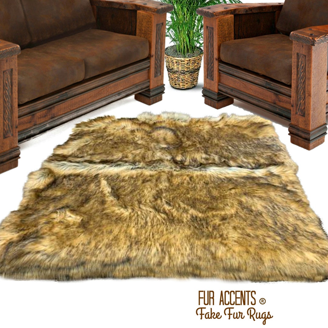 Plush Faux Fur Throw Area Rug - Pieced Golden Wolf - Coyote - Shag Fake ...