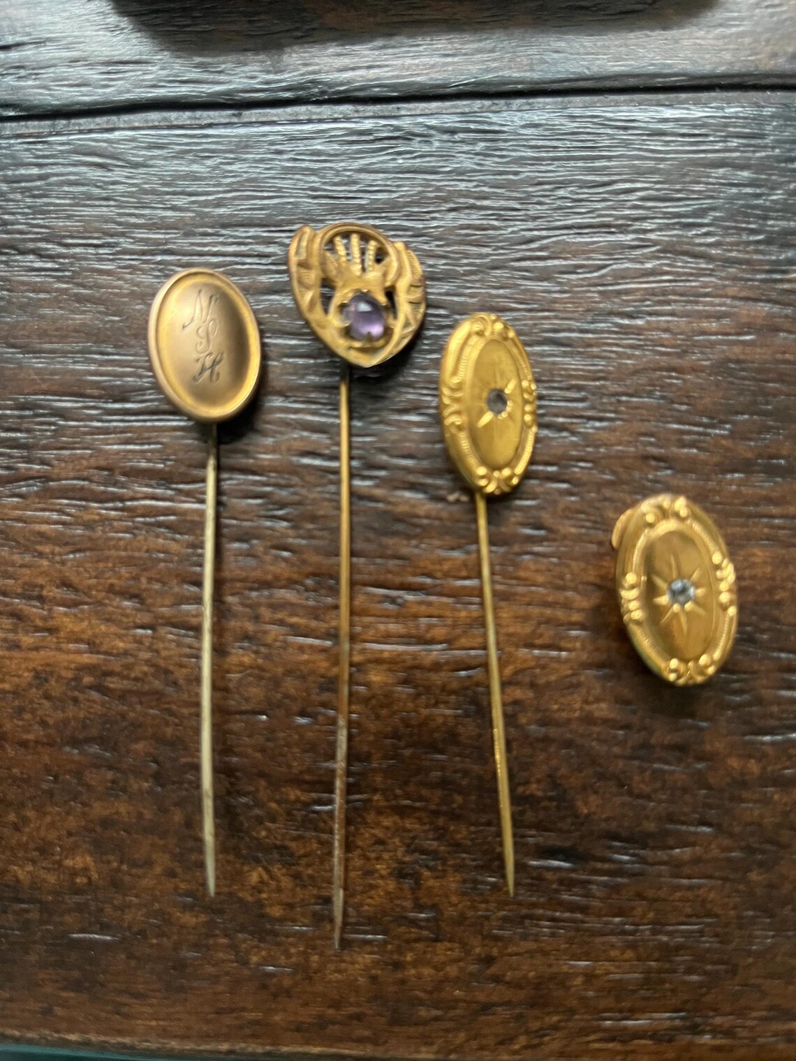 5 Piece Set Includes 3 Antique Gold Plated Hat Pins Stick Pins Lapel ...