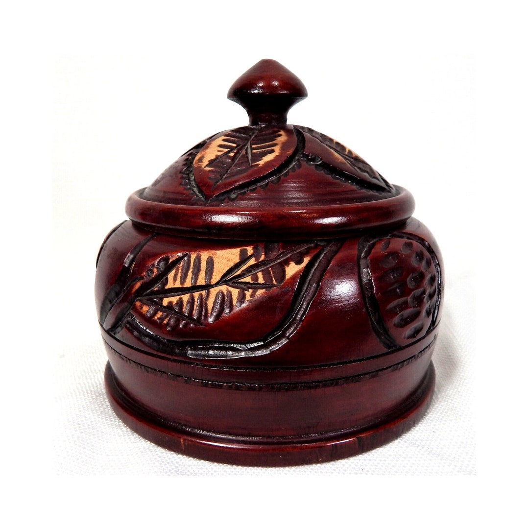 Vintage Hand Carved Wooden Trinket Box Floral Pattern Round Home ...