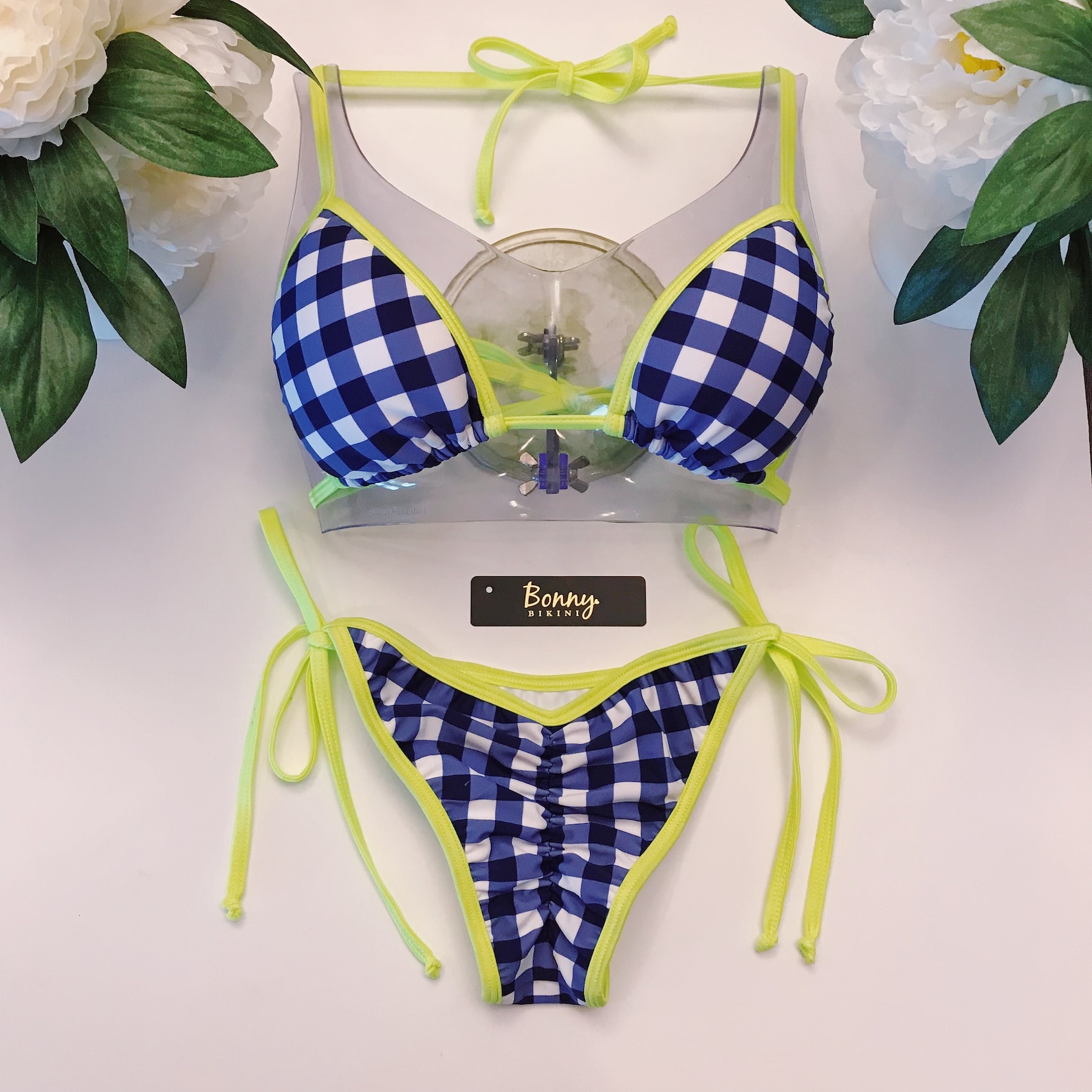 Blue Gingham / Chartreuse Ties - Pads Included - Etsy