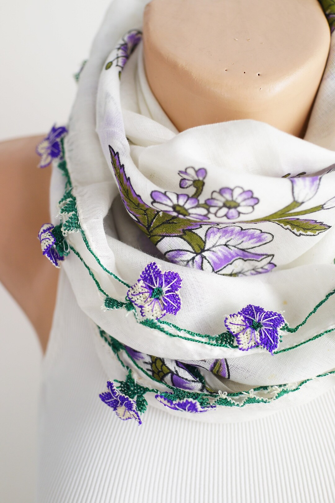 Hand Painted Antique Turkish Lace Oya Scarf, 70’s Yazma Yemeni, Unique ...