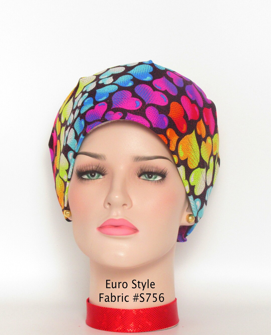 Euro Silky Knit Hologram Scrub Hats/multi Colored Hearts With Pink ...