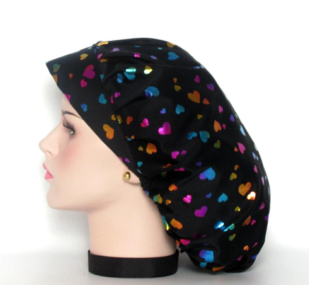 Banded Bouffant Silky Knit Scrub Hat-black With Multi Color Foil Hearts ...