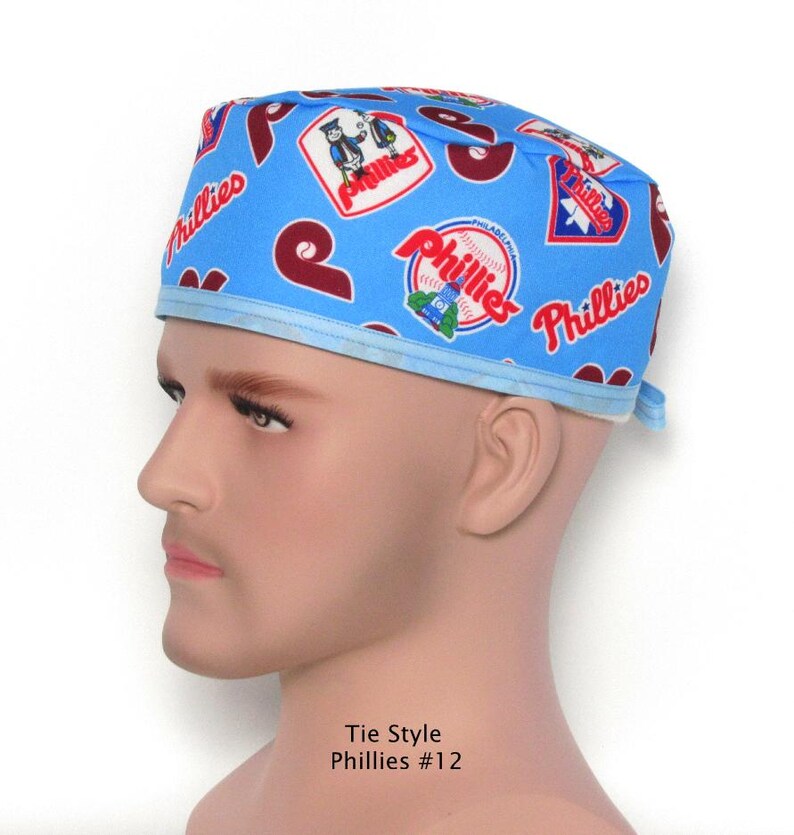 Phillies Scrub Hat: Men's Tie-back Style, Light Blue Print With ...