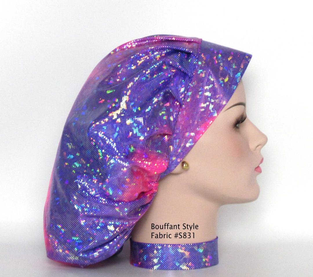 Banded Bouffant Style Hologram Silky Knit Scrub Hat-purple and Pink ...
