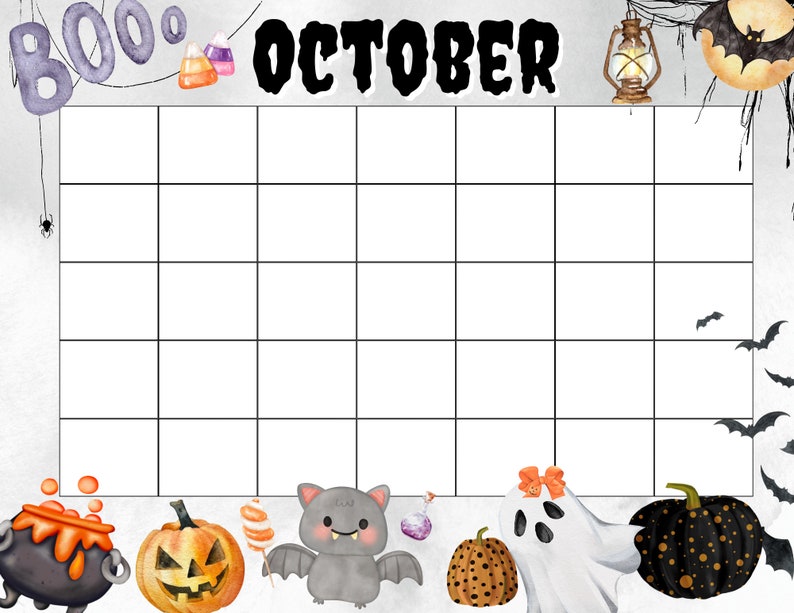 Blank October Monthly Calendar, Halloween, Cute, Printable, Instant ...
