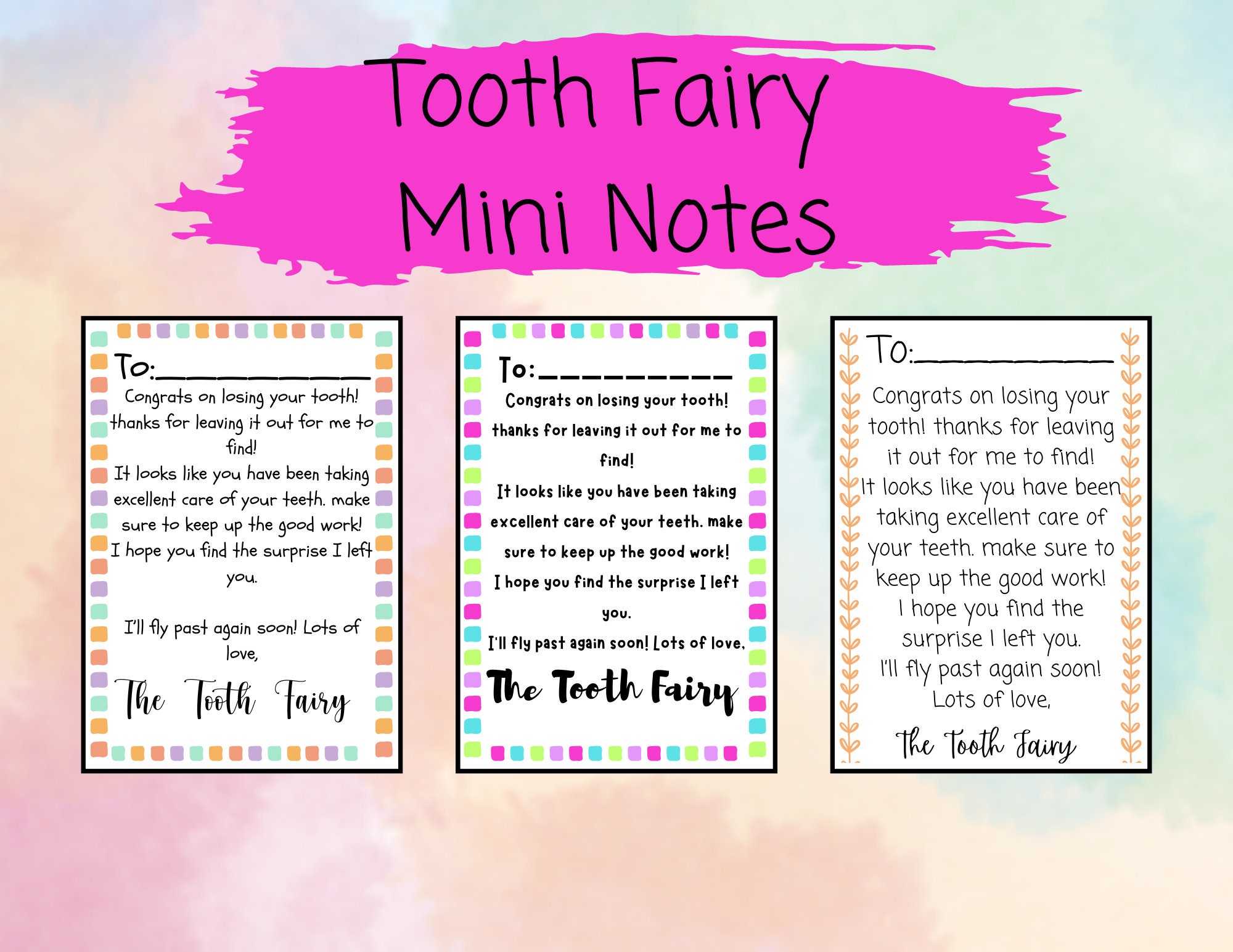 Editable, Digital Download Tooth Fairy Notes, 3x4 Mini Notes, Loose ...