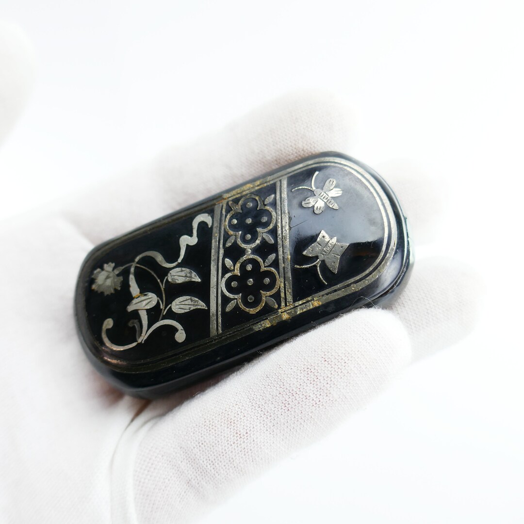 Antique Victorian Snuff Box Victorian Tobacco Silver Inlays Paper Mache ...