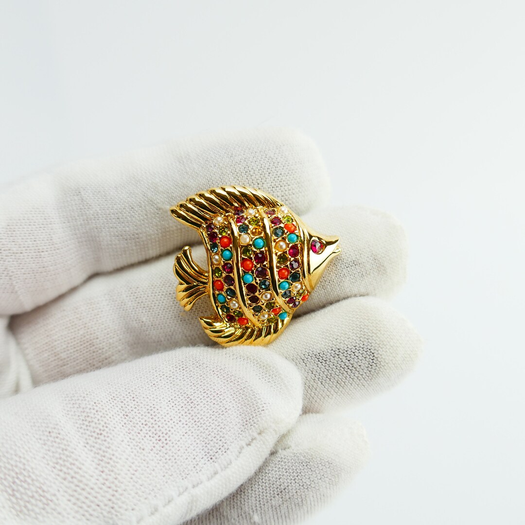 Vintage Multi Coloured Rhinestone Figural Tropical Fish Gold Tone ...