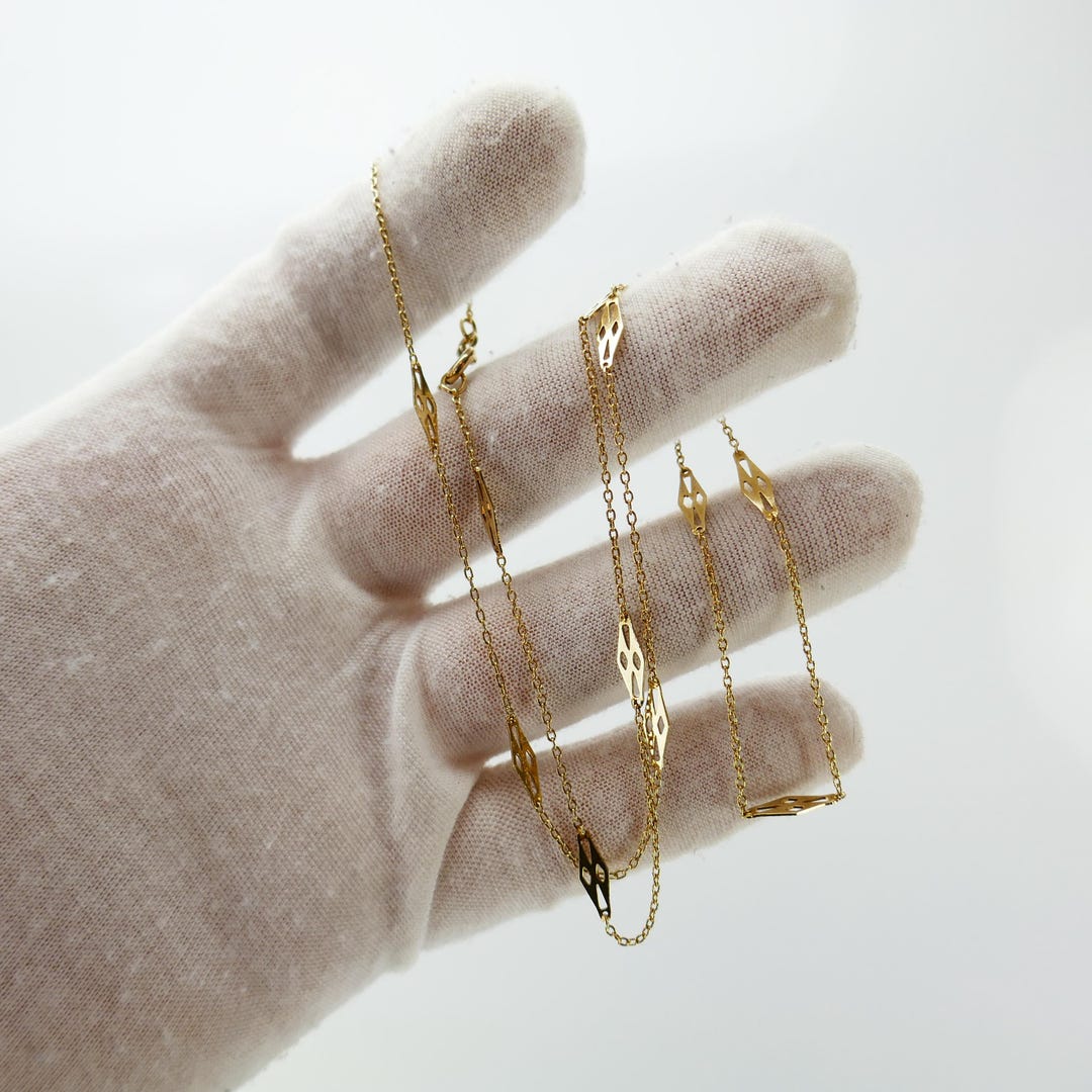 Filigree Link Chain Diamond Shape Cartouche Necklace 10k Yellow Gold ...