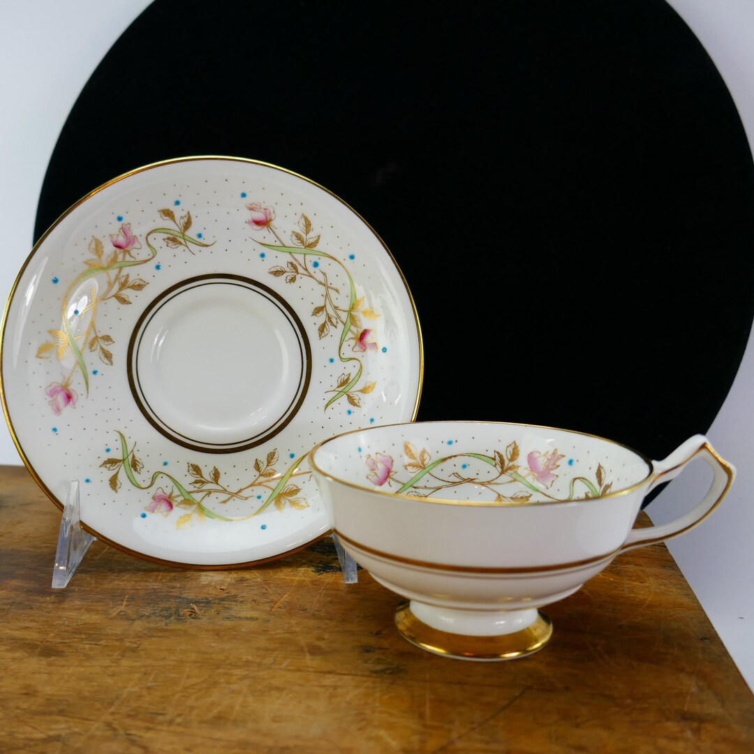 Vintage Braemar Tea Cup & Saucer Fine Bone China Pink Roses Blue Dot - Etsy