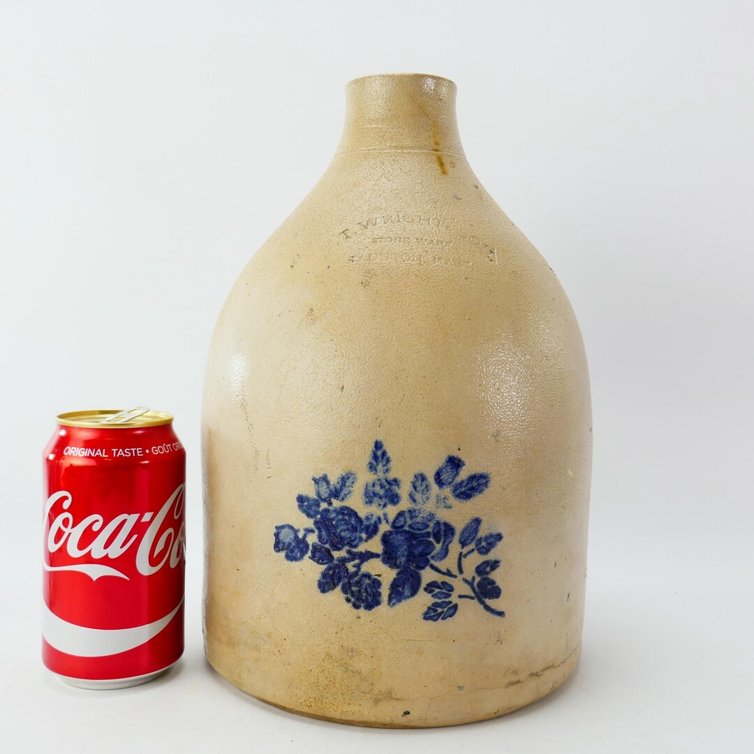 Antique Stoneware Jug 1800's F.t. Wright Son Blue Flowers Farmhouse ...