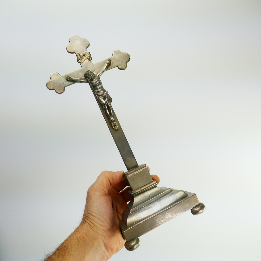 Vintage Large Antique White Metal INRI Religious Table Altar Crucifix ...