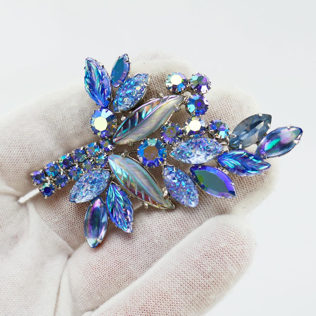 Vintage Continental Blue Iridescent Leaf Brooch Rhinestones AB Flowers ...