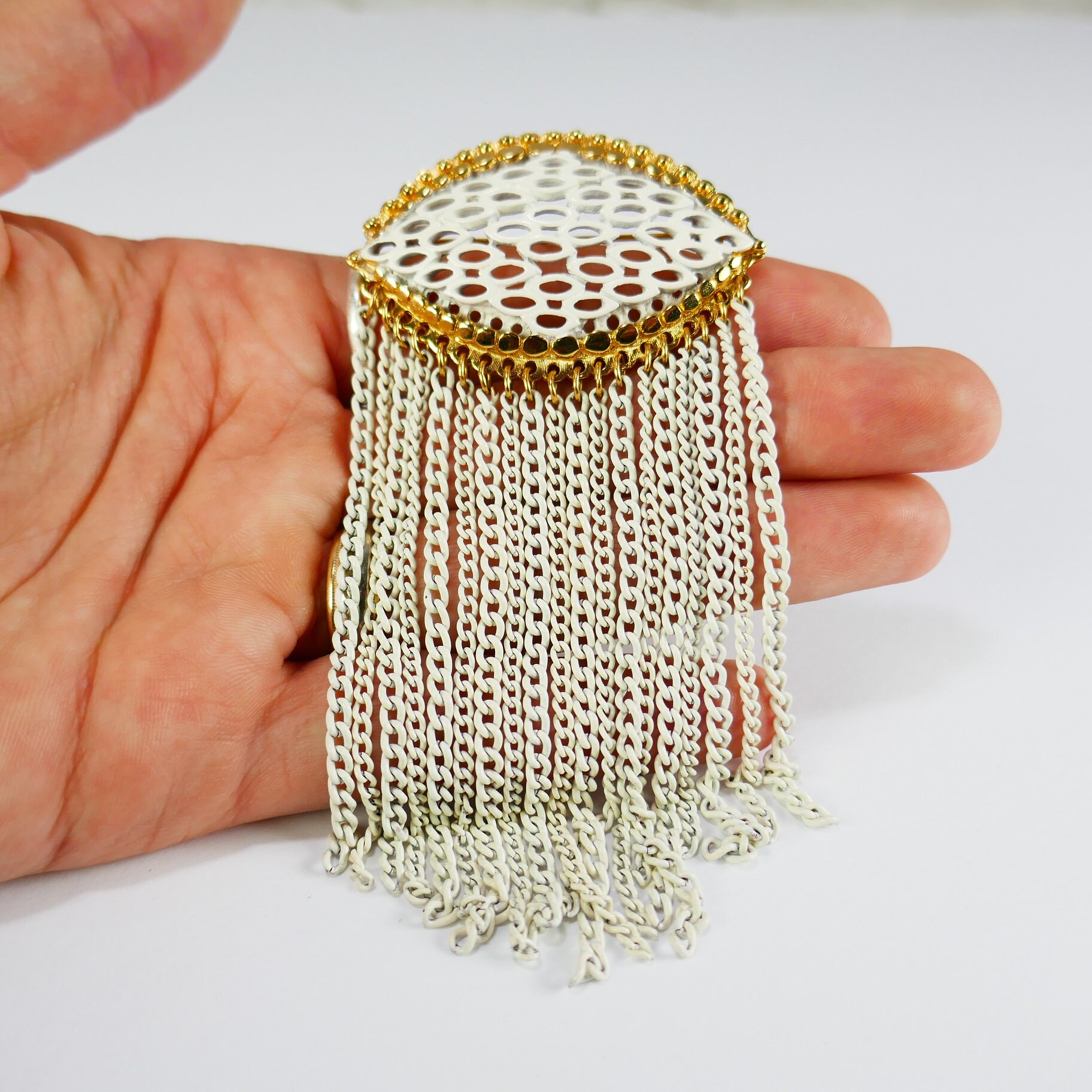 Vintage Signed Monet Brooch White Chain Dangle Fringe Gold - Etsy