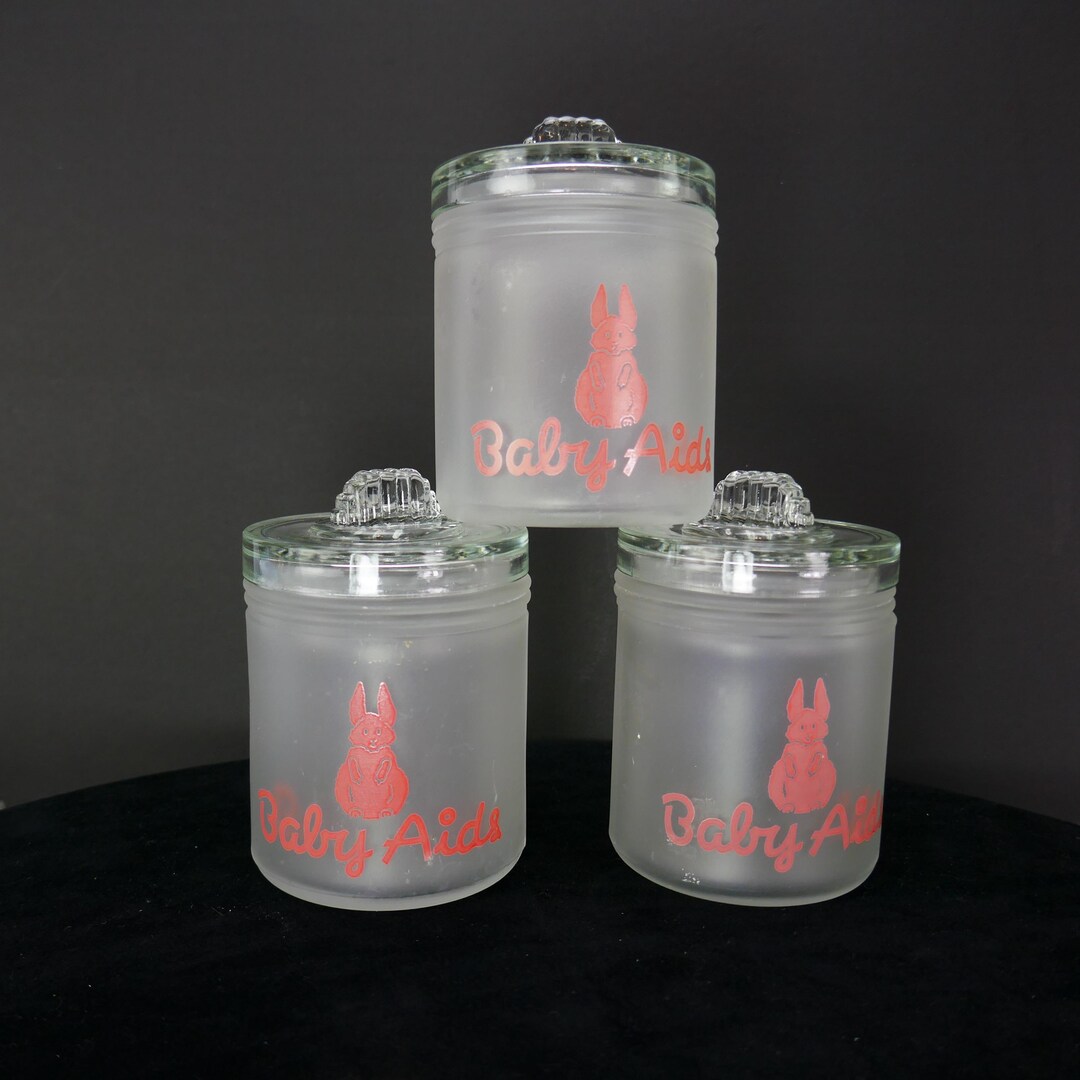 Vintage Pink Bunny Baby Aids Frosty Glass Jar Lid Nursery Decor Rabbit ...