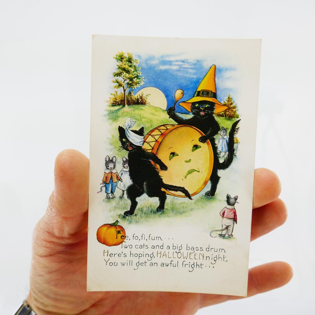 Original Antique G. Whitney Black Cats Playing Big Bass Drum Halloween ...