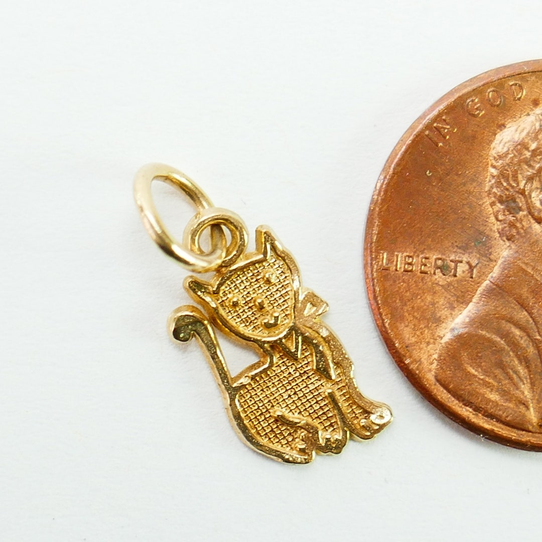 Vintage 10k Yellow Gold Cat Charm Pendant Jewel Kitty Thin Solid Gold ...