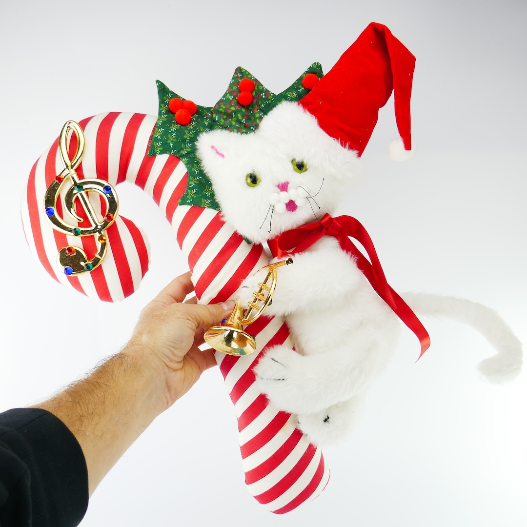 Vintage Candy Cane Plush White Cat Lover Red Christmas Kitschmas Doll ...