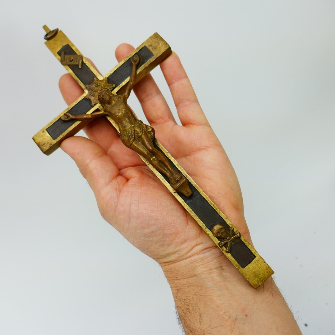 Vintage Large 10" BRASS SKULL Crucifix Ebony Crossbones Cross Jesus God ...