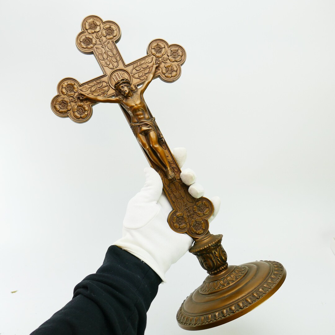 Vintage Large Antique Heavy Brass Jesus Religious Table Altar Crucifix ...