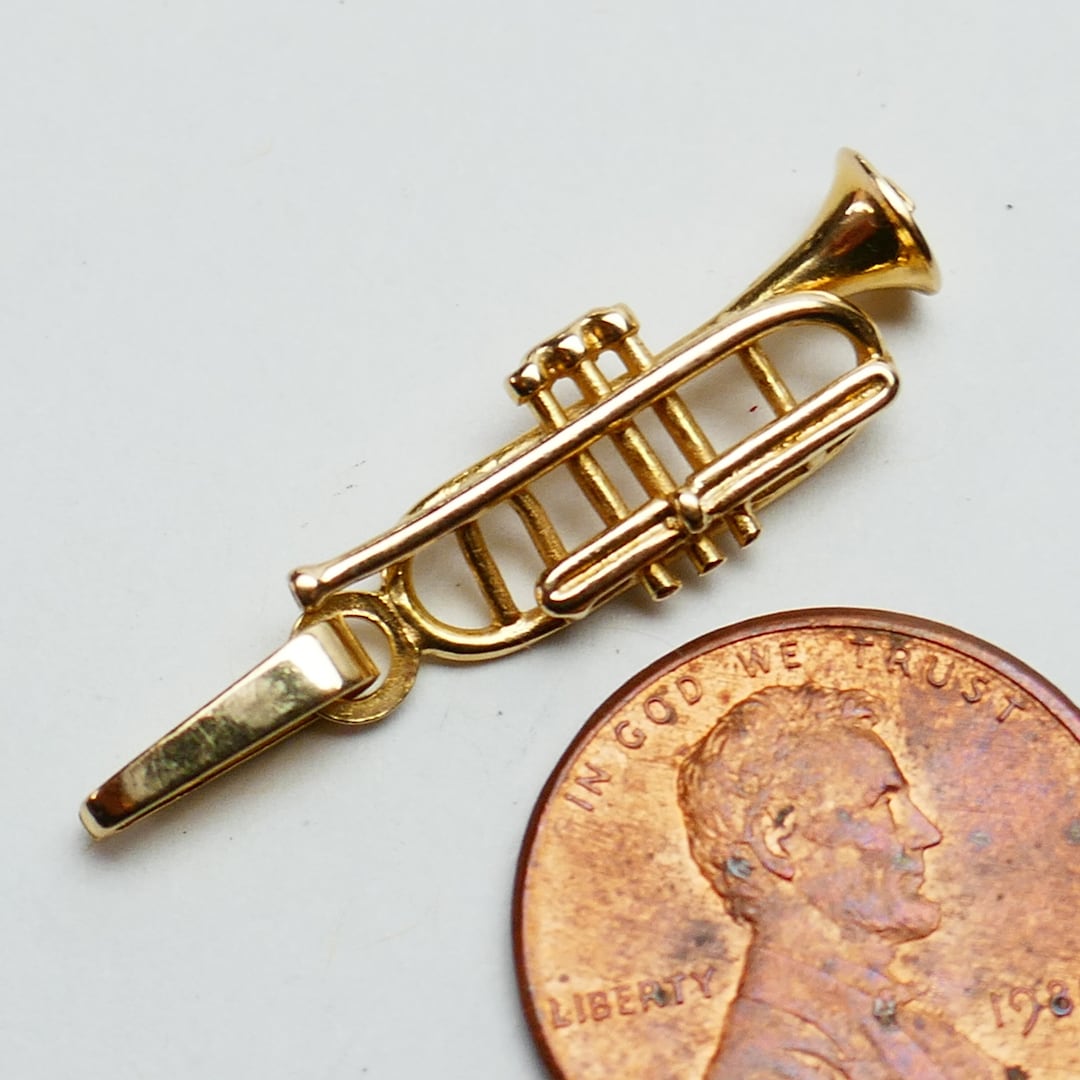 10K Yellow Gold Vintage Trumpet Charm Pendant Instrument Musician ...
