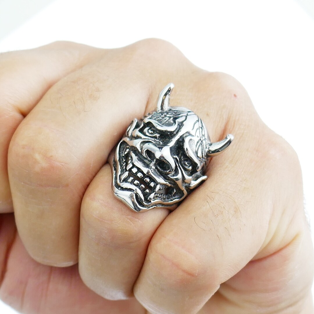 Large Devil Face Mask Ring Punk Metal Silver Tone Size 9.5 Hannya Mask ...