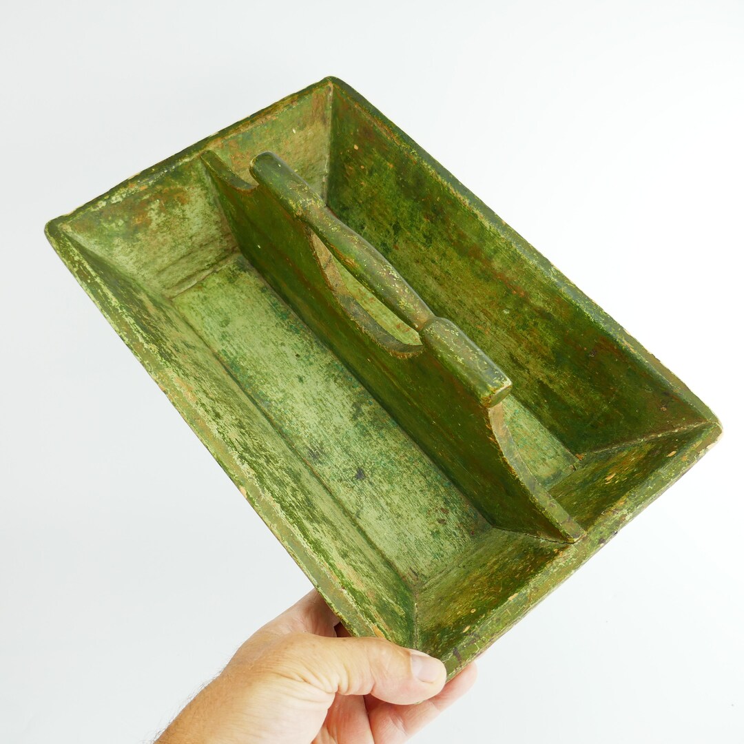 Antique Primitive Wooden Carrier Caddy Box - Green Paint Nail Handle ...