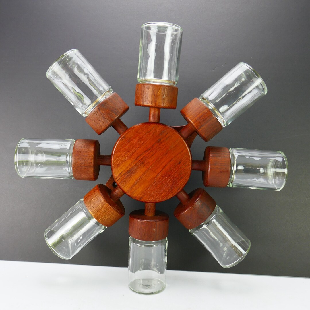 Vintage Digsmed Denmark Spice Jar Wheel 8 Glasses Teak Revolving Spice ...