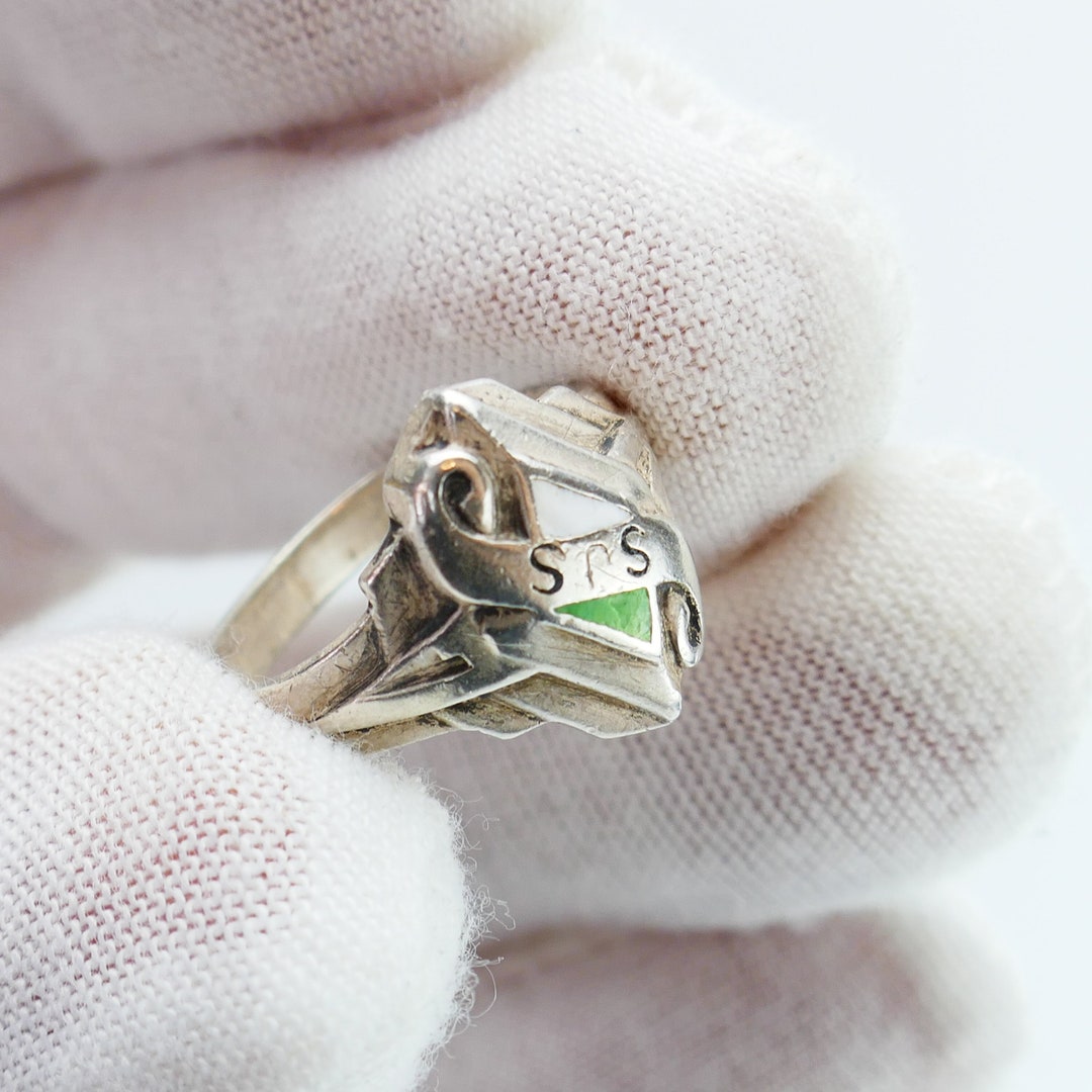 Vintage SJS Sterling Silver 925 Ring Size 6 3/4 US Green White Enamel ...