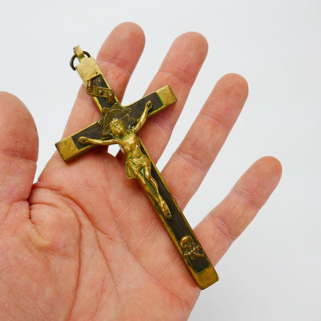 Vintage 5" Metal Crucifix Brass Ebony Crossbones Cross Jesus Sacred ...