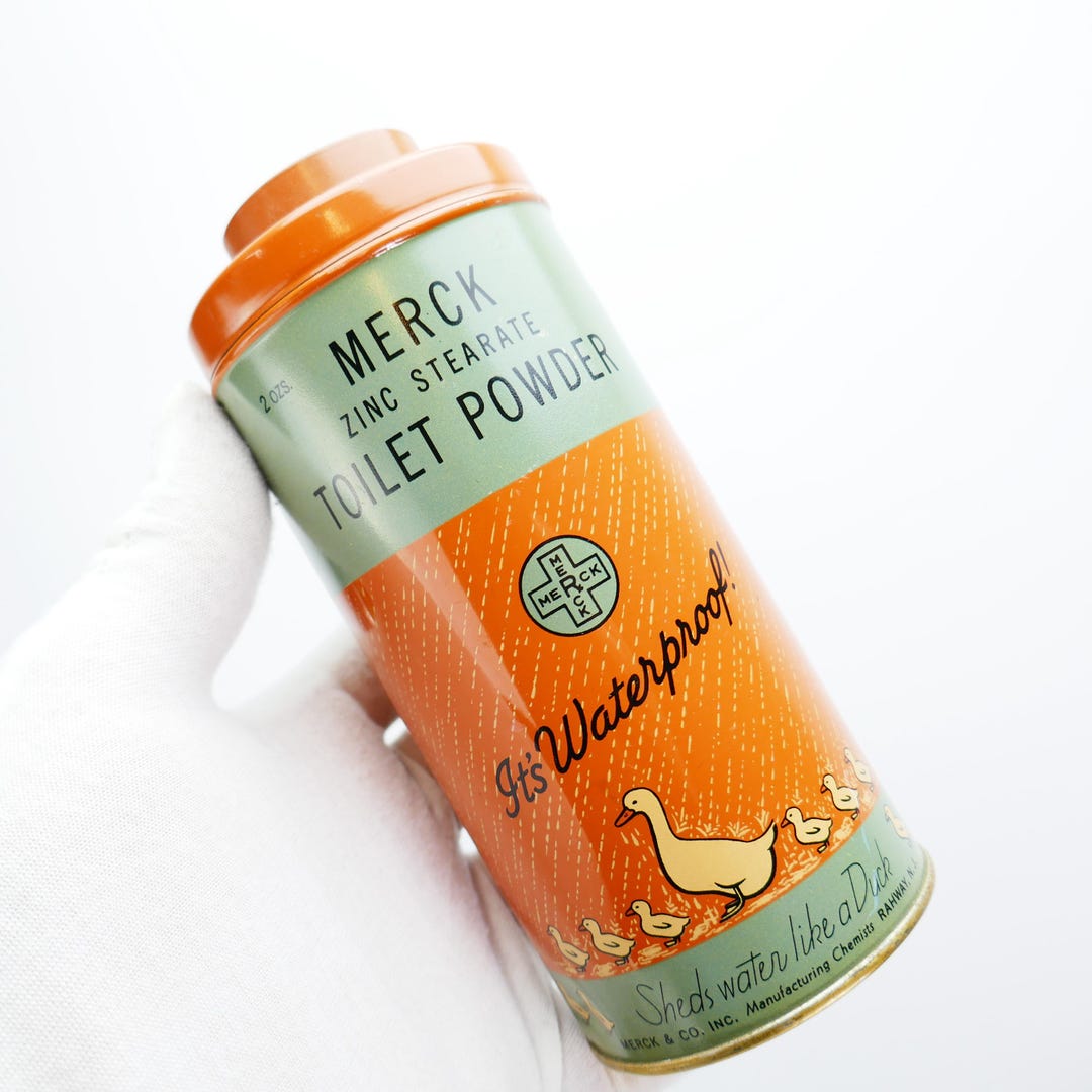 Vintage Talcum Powder Tin Merck Toilet Powder Sheds Water Like a Duck ...