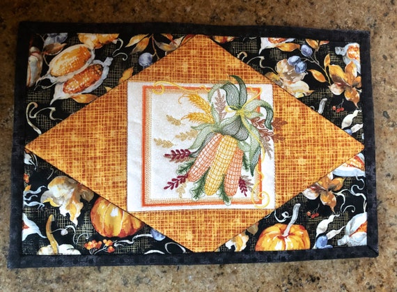 Quilted and Embroidered Indian Corn Wheat and Fall Leaves in - Etsy