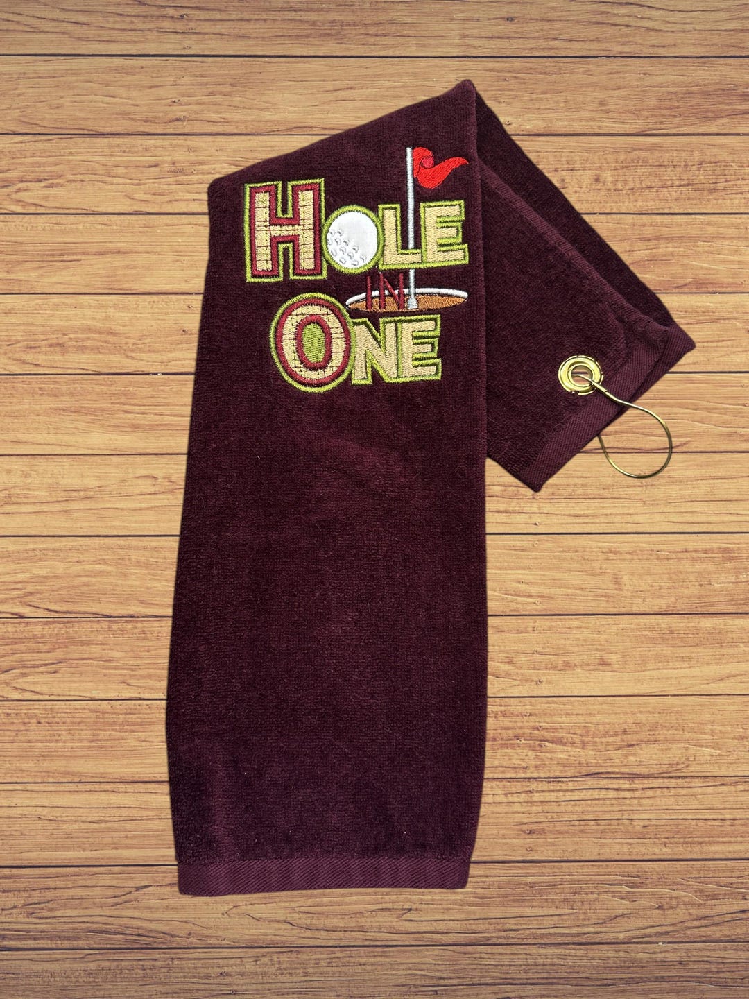 Embroidered and Appliqued Maroon Golf Towel With "hole in One" Design ...