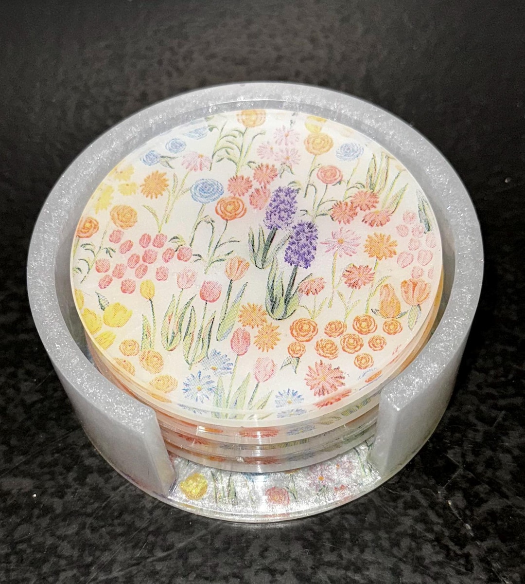 Round Coasters With Holder, Set of 4 Coasters, Epoxy Resin Coasters ...