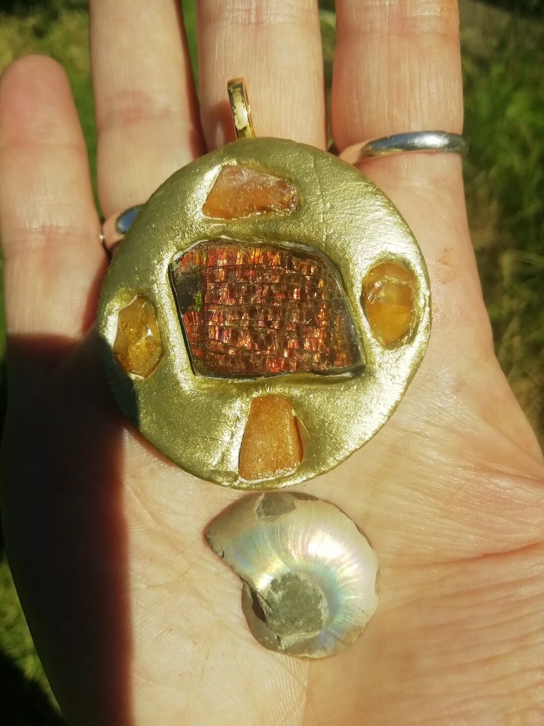 Fire Red Ammolite and Baltic Amber Ancient Sun Amulet Pendant, Rainbow ...