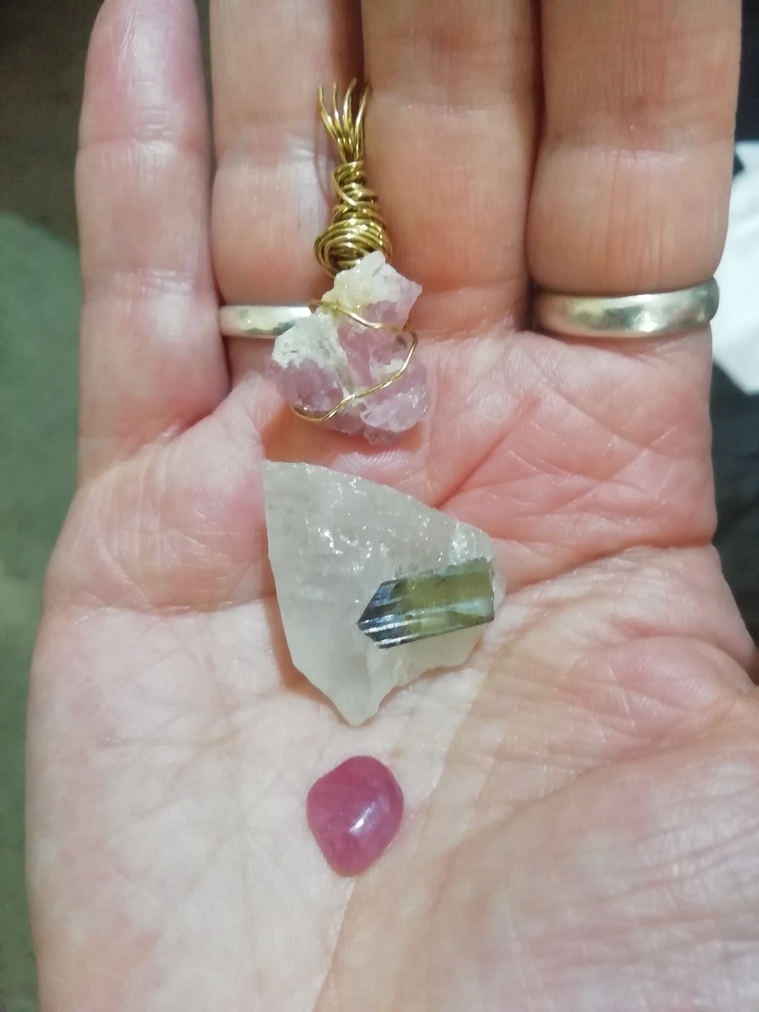 Rare Crystalline Rose Quartz Amulet Pendant, Rare Green Tourmaline in ...