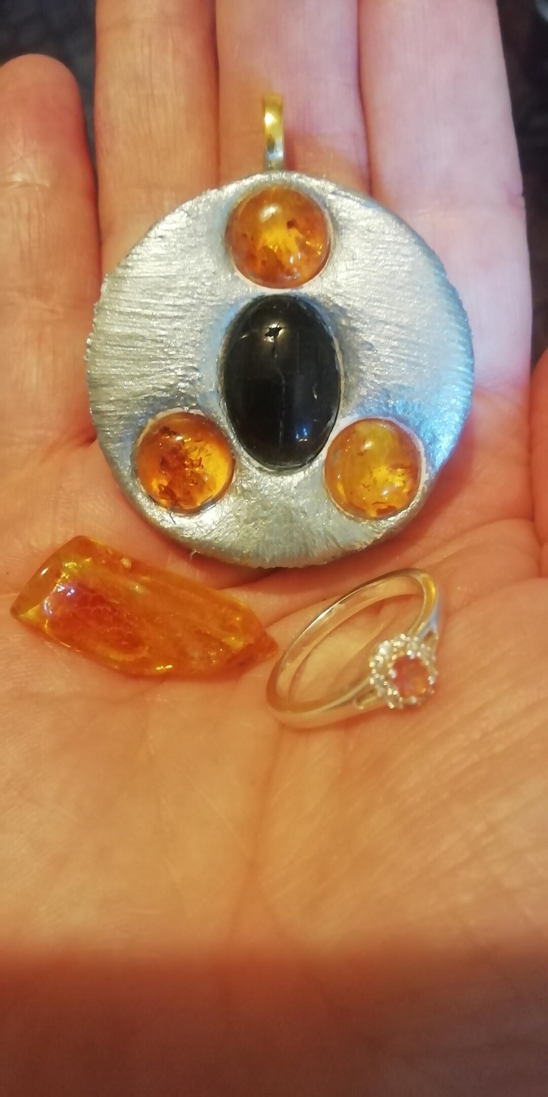 Whitby Jet and Baltic Amber Amulet Pendant,orange Sapphire Silver Ring ...