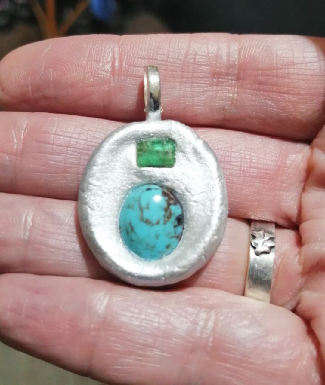 Arizona Genuine Turquoise and Natural Faceted Emerald Amulet Pendant ...
