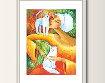 Indian Woman With Cat Art Print, Antique Portrait Painting, Cat Lady ...