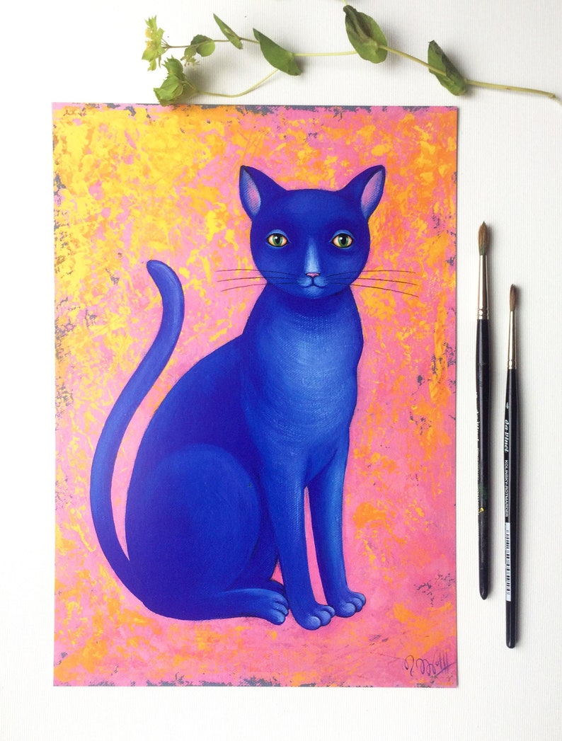 Blue Cat, Picture, Art Print, Print of Original Acrylic Painting , A4 ...