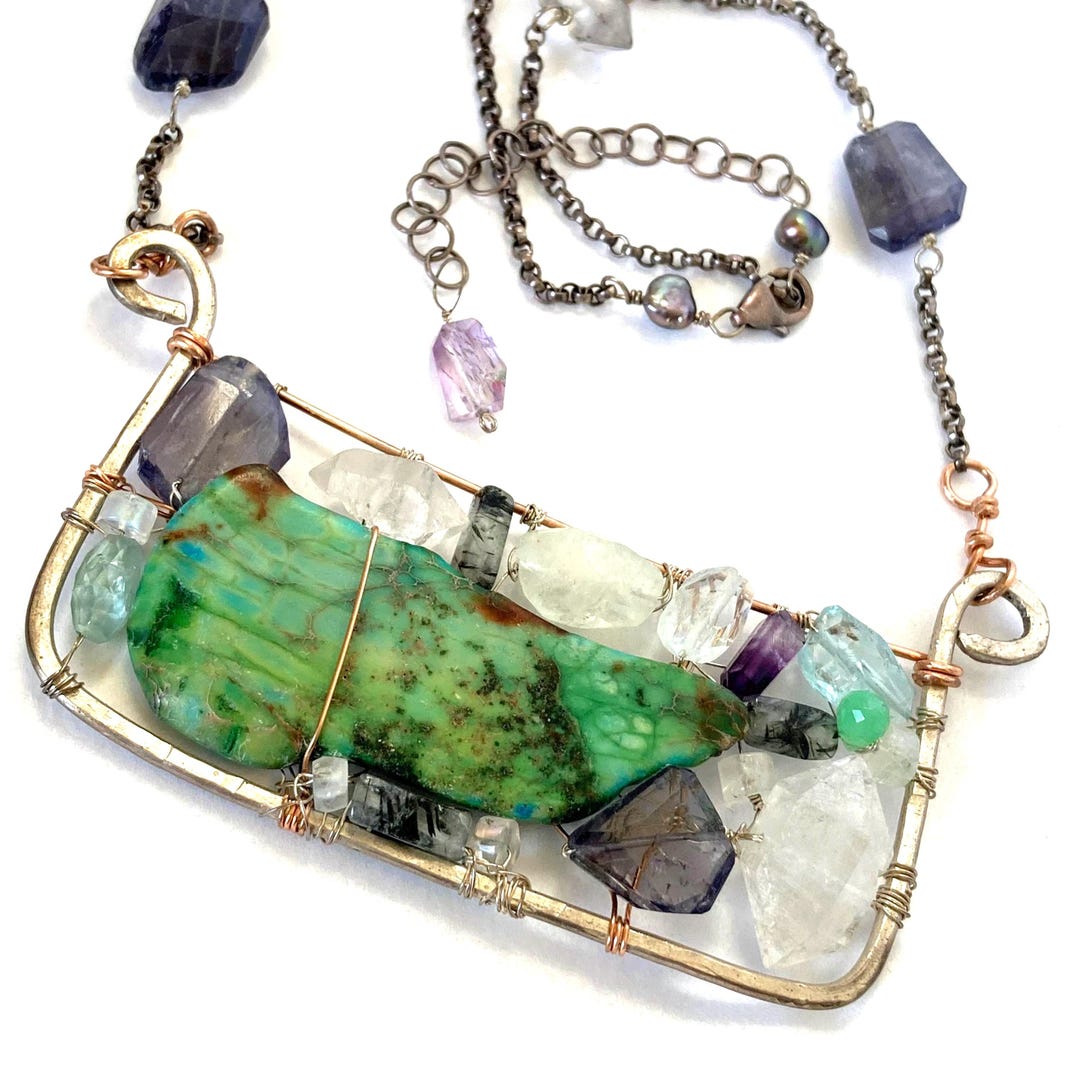 Oracle Gem Art Pendant Necklace AQUA Howlite Herkimer Diamond Iolite ...