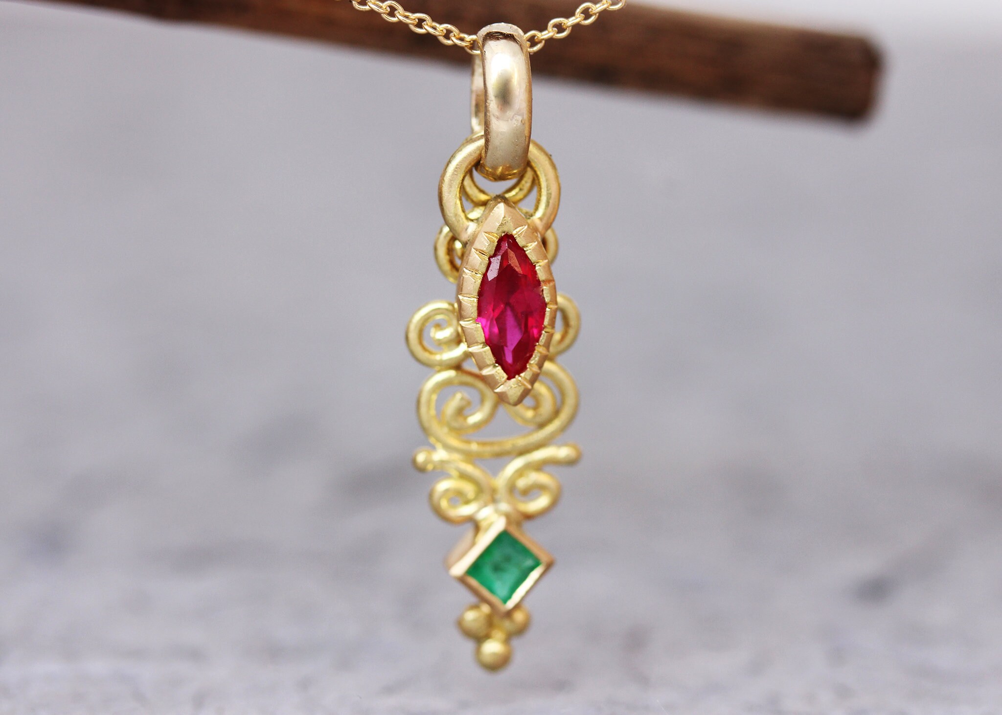 Gold Pendant Necklace, Two Pendant Necklace, Ruby Necklace, Emerald ...