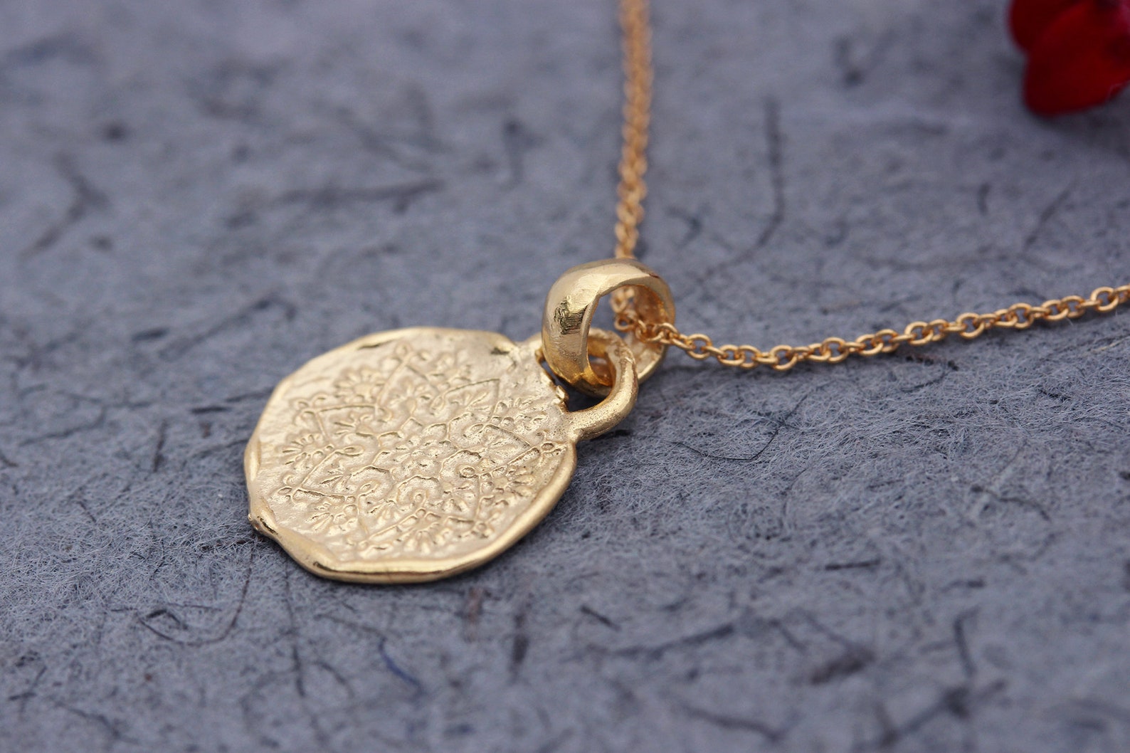 White Gold Necklace Solid Gold Flower Necklace Gold Coin - Etsy