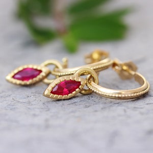 Gold Ruby Earrings, Gold Hoop Earrings, Solid Gold Earrings, Marquise Earrings, Pendant Hoops ...