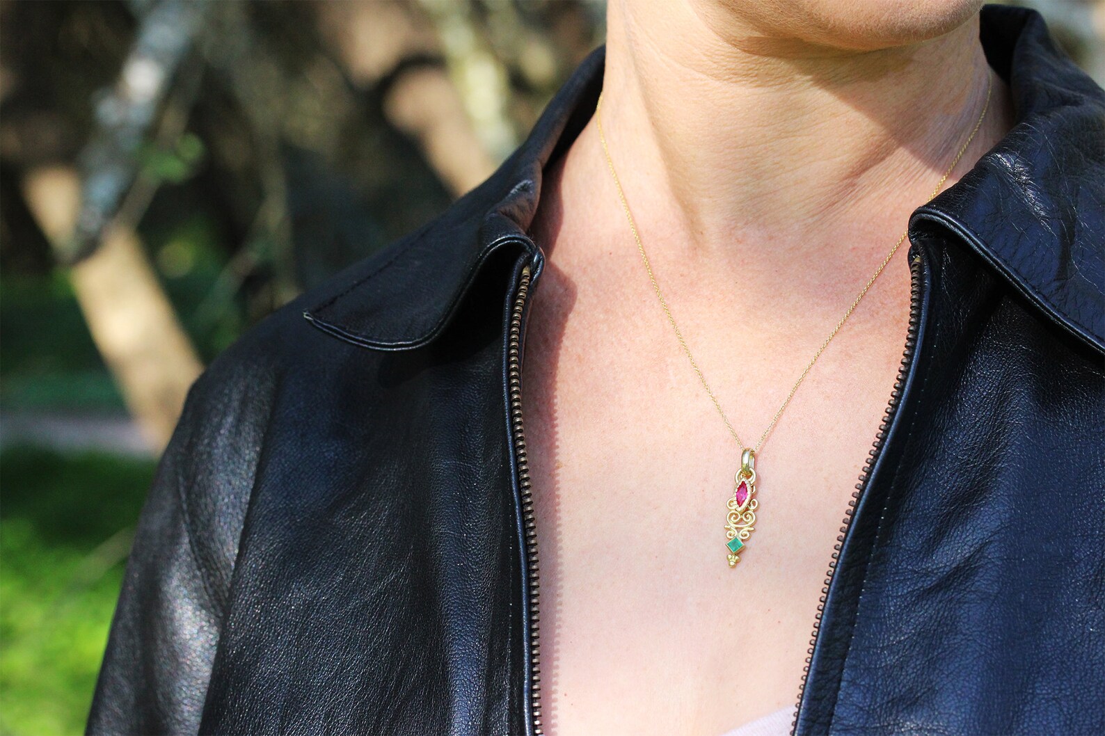 Gold Pendant Necklace, Two Pendant Necklace, Ruby Necklace, Emerald ...