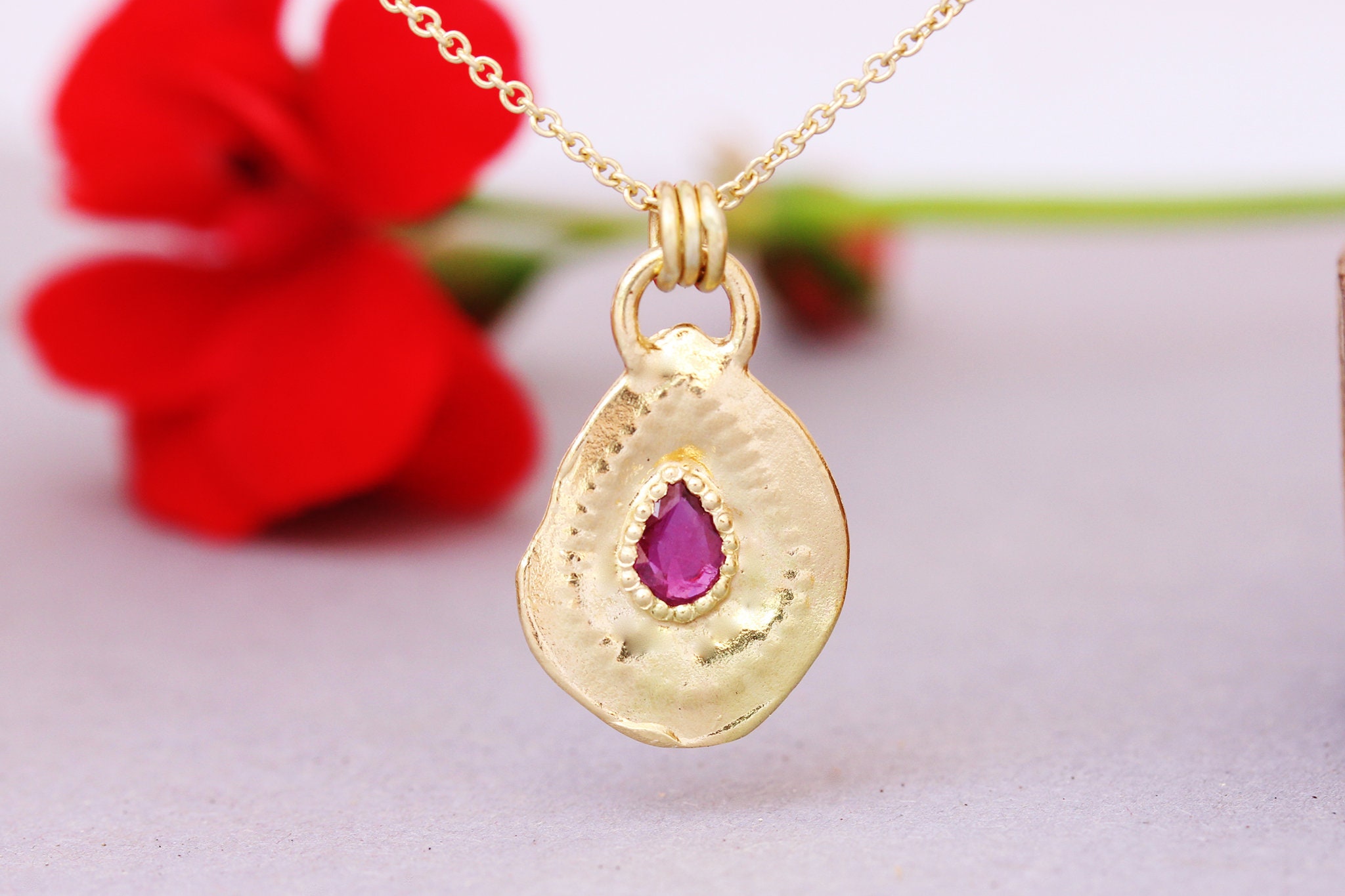 Solid Gold Pendant Ruby Pendant Teardrop Necklace 18k Gold | Etsy